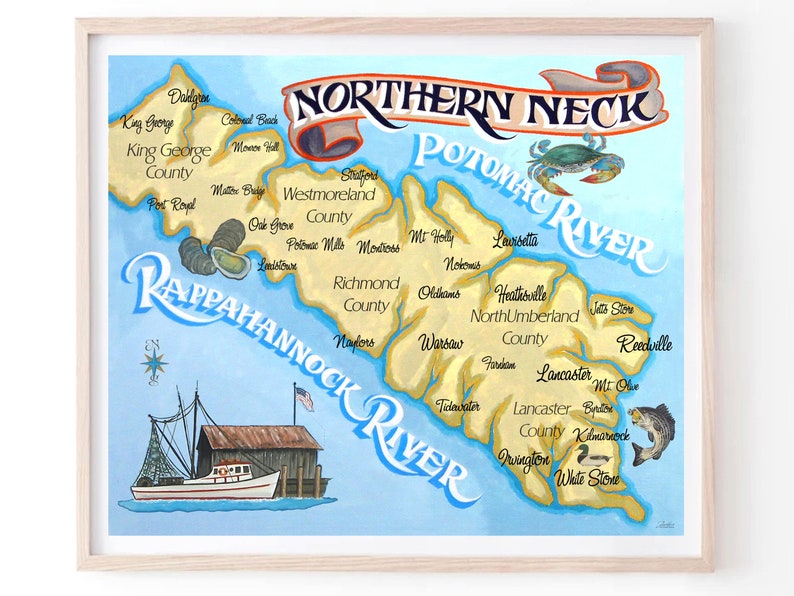 Northern Neck of Virginia Print . Retro Map-art Beach House - Etsy
