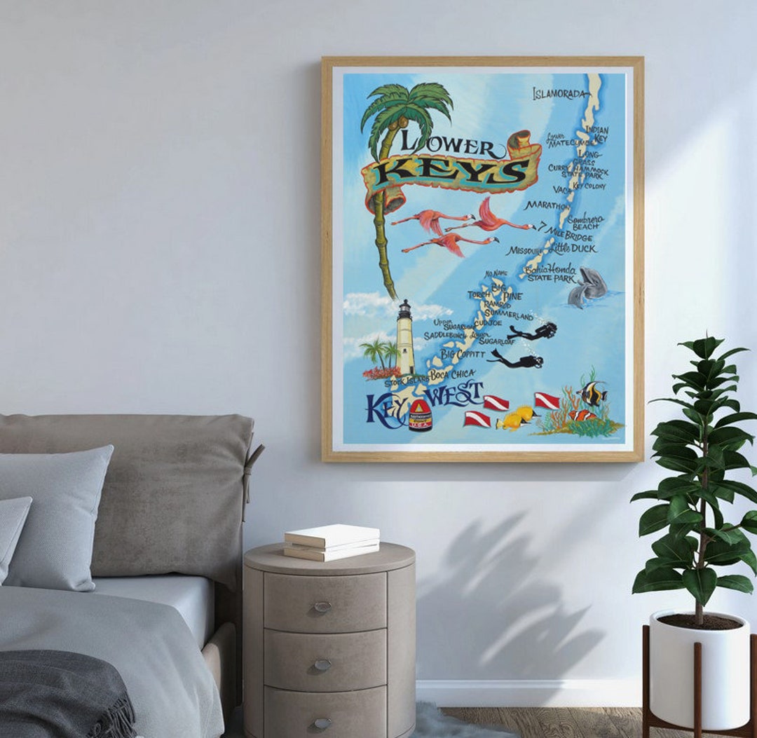 Key West Retro Beach Style Map Print | Florida Art | Travel Map | Key ...