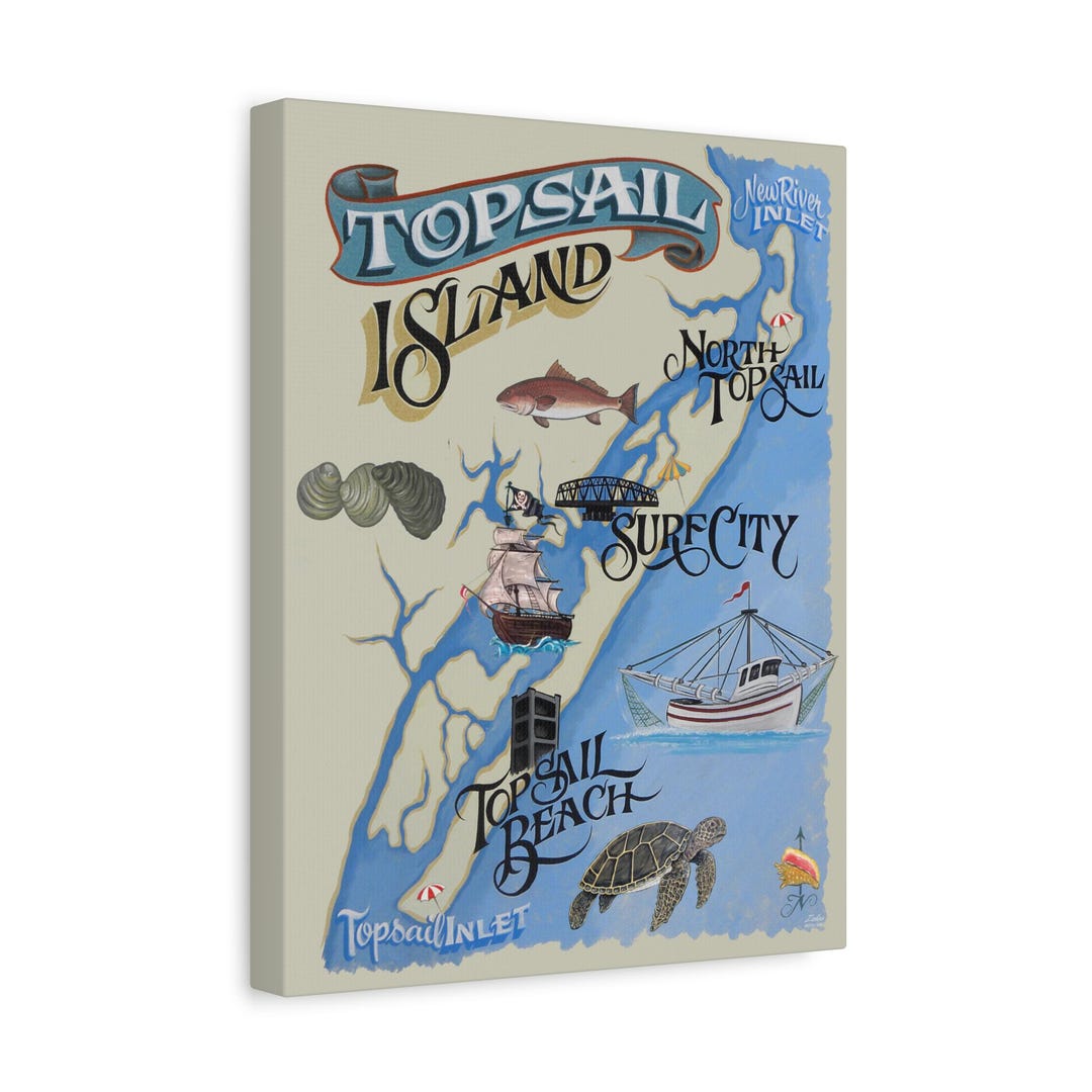 Topsail Island Map Canvas Art| North Carolina Beach House Decor ...