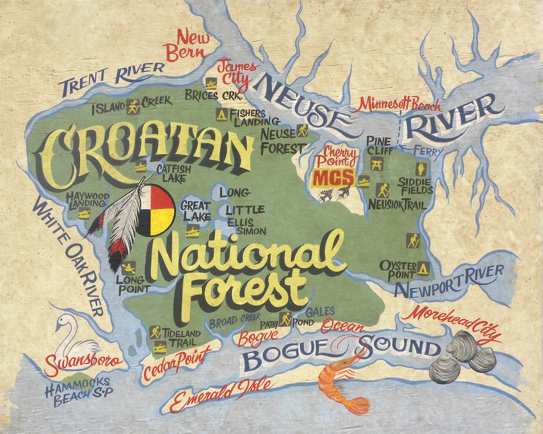 Croatan National Forest Print: Vintage Hand-painted North Carolina Map ...