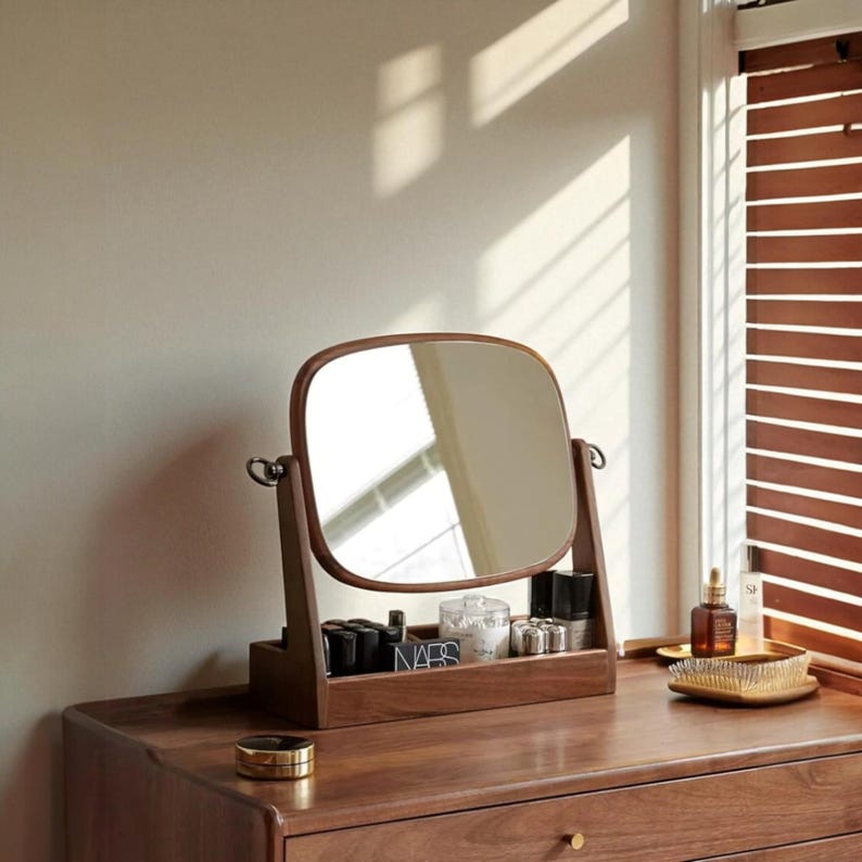 Wooden Vanity Mirror Jewelry Box Organizer – Black Walnut Makeup With ...