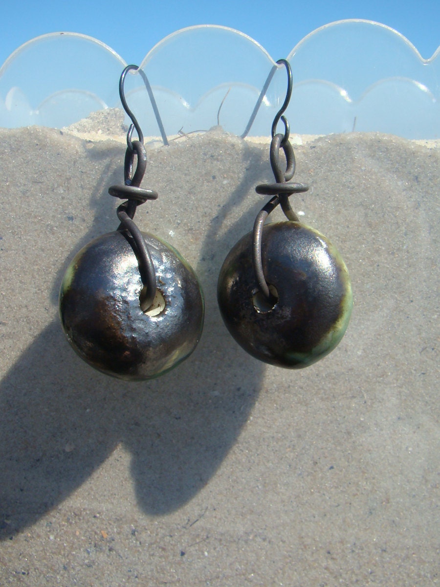 Raku Clay Spheres With Heavy Black Iron Wire Earrings - Etsy