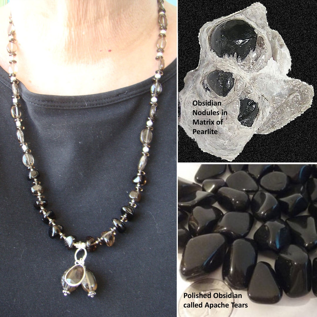 Obsidian - Apache Tears - Necklace With Smoky Quartz Bead Necklace - Etsy
