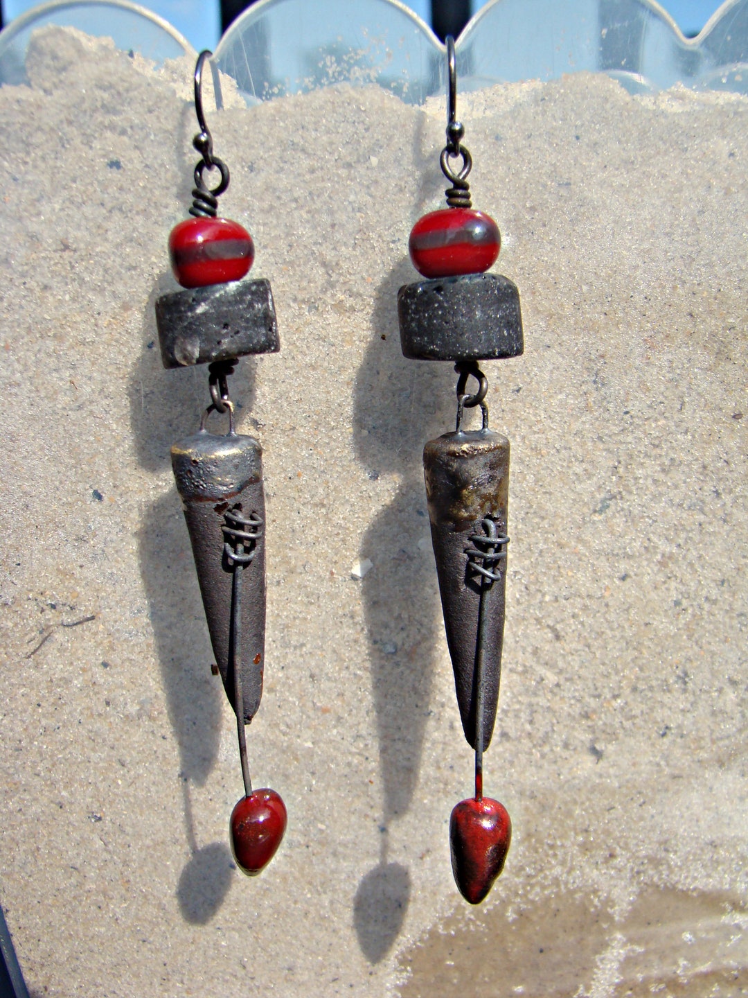 Bronzy and Red Stitched Spike Dropper Earrings - Etsy