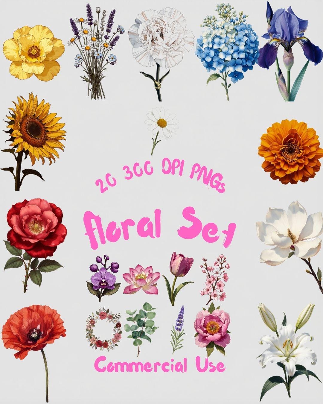 20 Realistic Floral PNG Clip Art Bundle - Commercial Use Digital ...