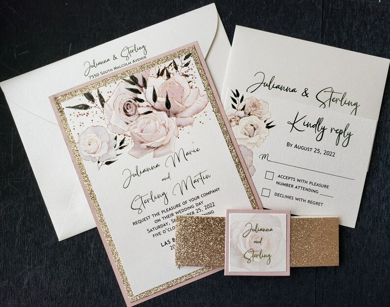 Floral Rose Gold Glitter Wedding Invitation Rose Gold and - Etsy
