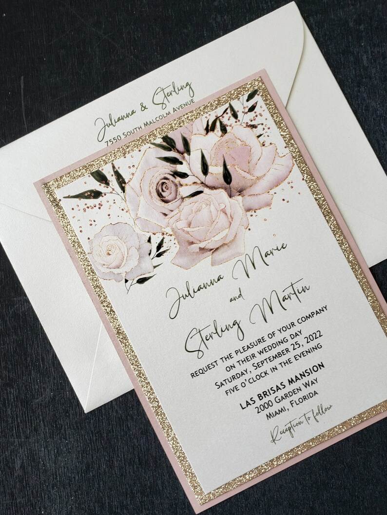 Floral Rose Gold Glitter Wedding Invitation Rose Gold and - Etsy
