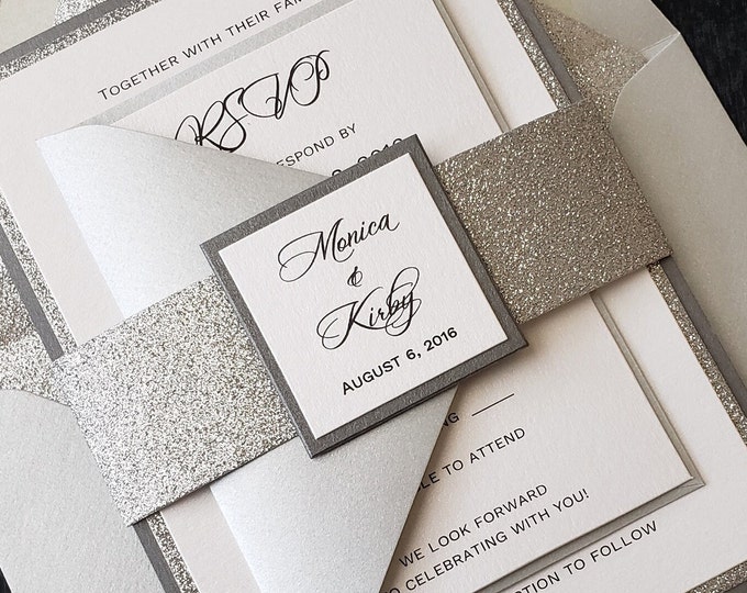Glitter Wedding Invitation, Silver Glitter Wedding Invitation, Silver ...