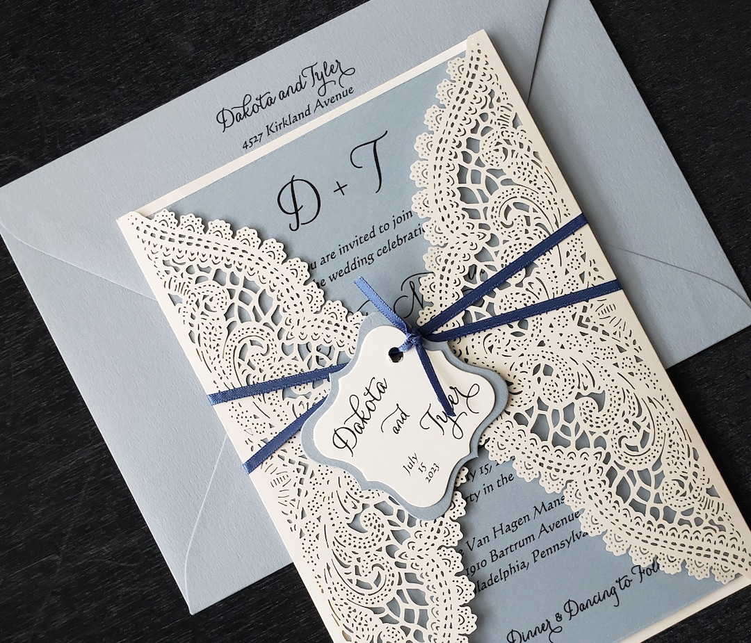 Dusty Blue Lace Wedding Invitation, Rustic Lace Wedding Invitation ...