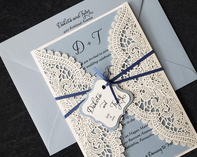 Dusty Blue Lace Wedding Invitation, Rustic Lace Wedding Invitation ...