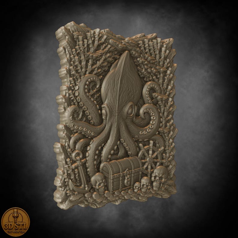 Giant Squid Emerge From Underwater Sea Coral Reef Bas Relief | 3D Wood ...