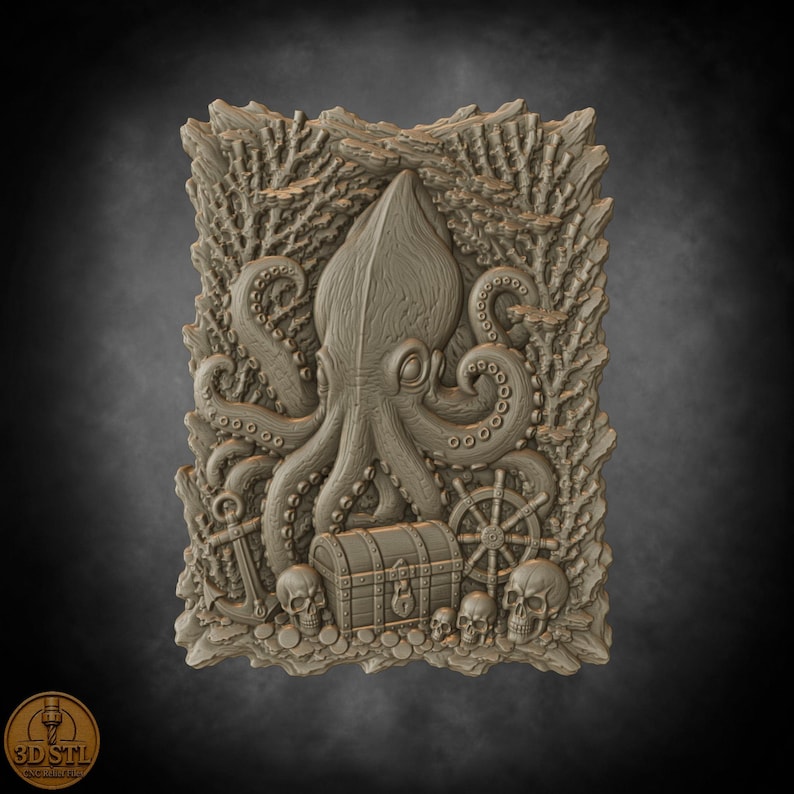 Giant Squid Emerge From Underwater Sea Coral Reef Bas Relief | 3D Wood ...