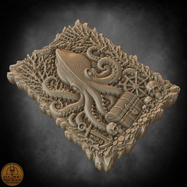 Giant Squid Emerge From Underwater Sea Coral Reef Bas Relief | 3D Wood ...