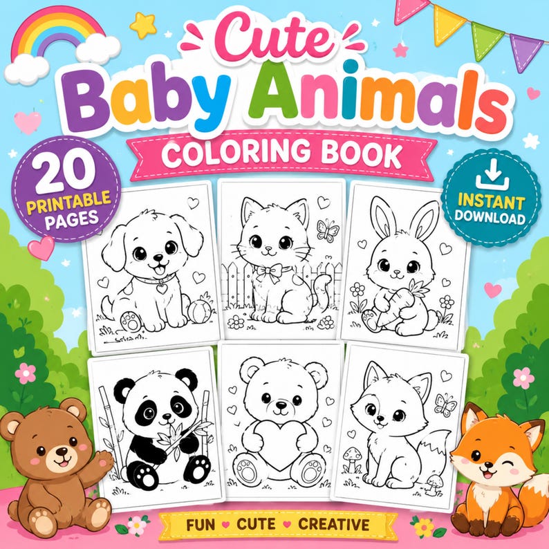 Baby Animals Coloring Book, 20 Printable Pages, Kids Activity (digital ...