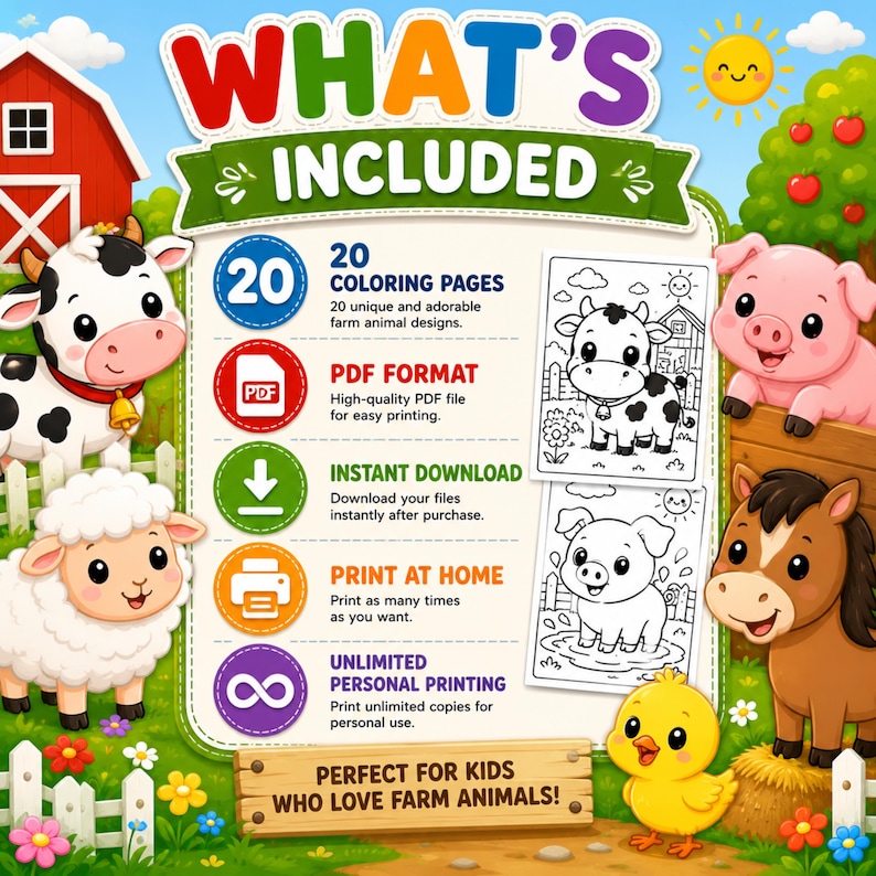 Farm Animals Coloring Book, 20 Printable Pages, Kids Activity (digital ...