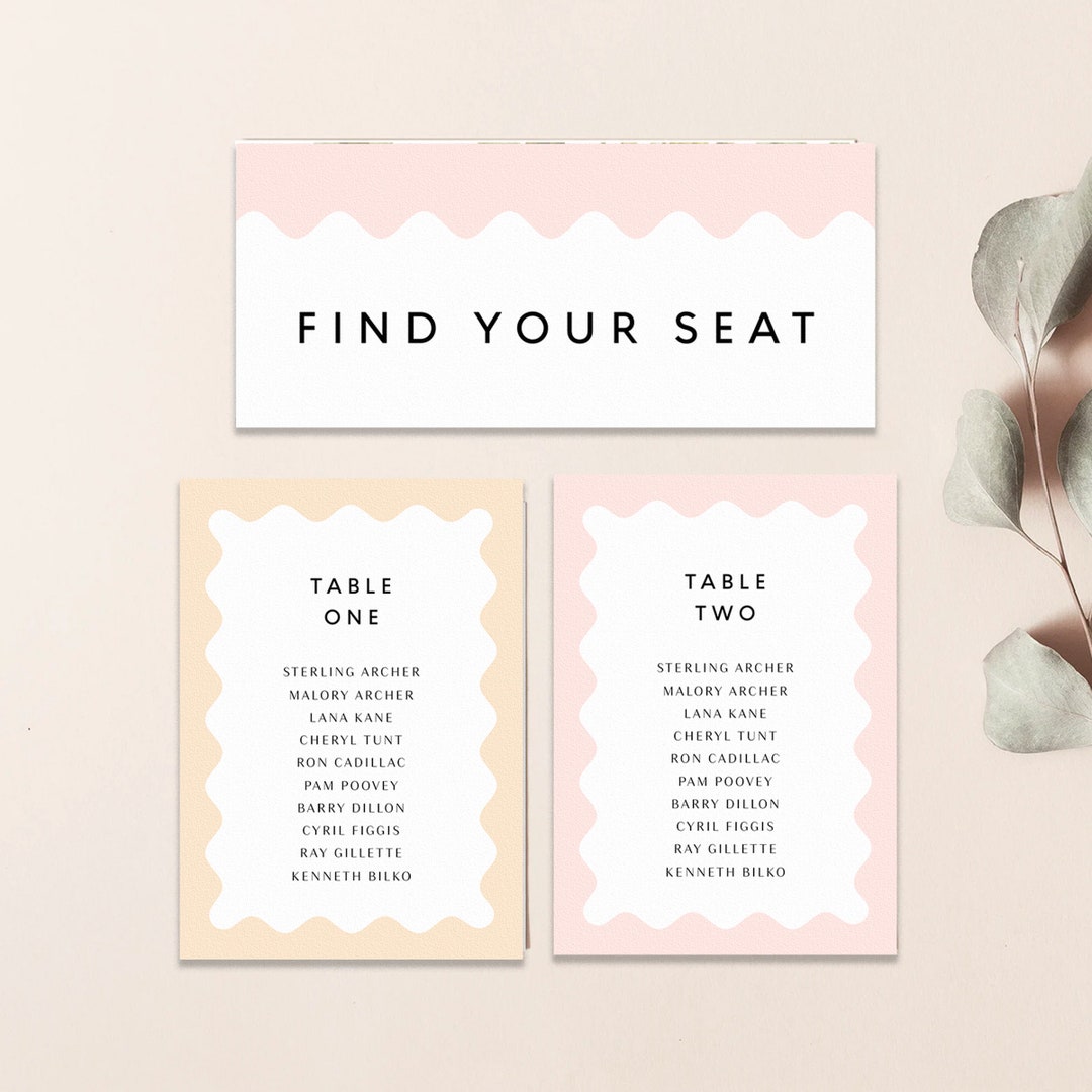 Wavy Edge Wedding Seating Card Signs Printable Seating Plan Funky ...