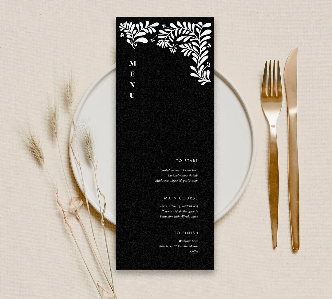 Black and White Wedding Menu Card Wedding Reception Dinner Menu ...