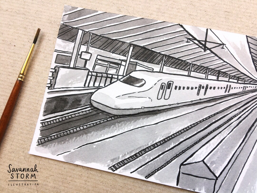 Shinkansen Bullet Train Original Ink Drawing Postcard Drawing Japan 100 ...