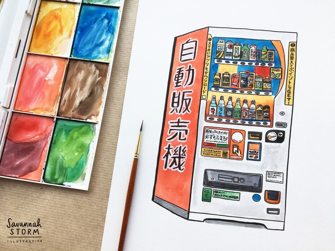 Original Painting Japanese Vending Machine Drawing Japan 100 Day ...