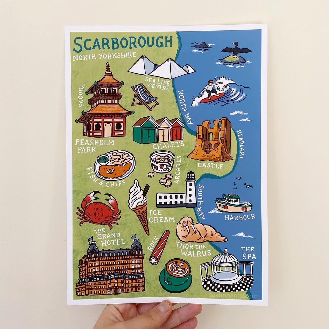 Scarborough Map Art Print Digital Illustration North Yorkshire Travel ...