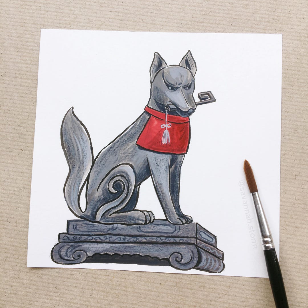 Fushimi Inari Fox Statue Original Watercolour Painting Drawing Japan ...