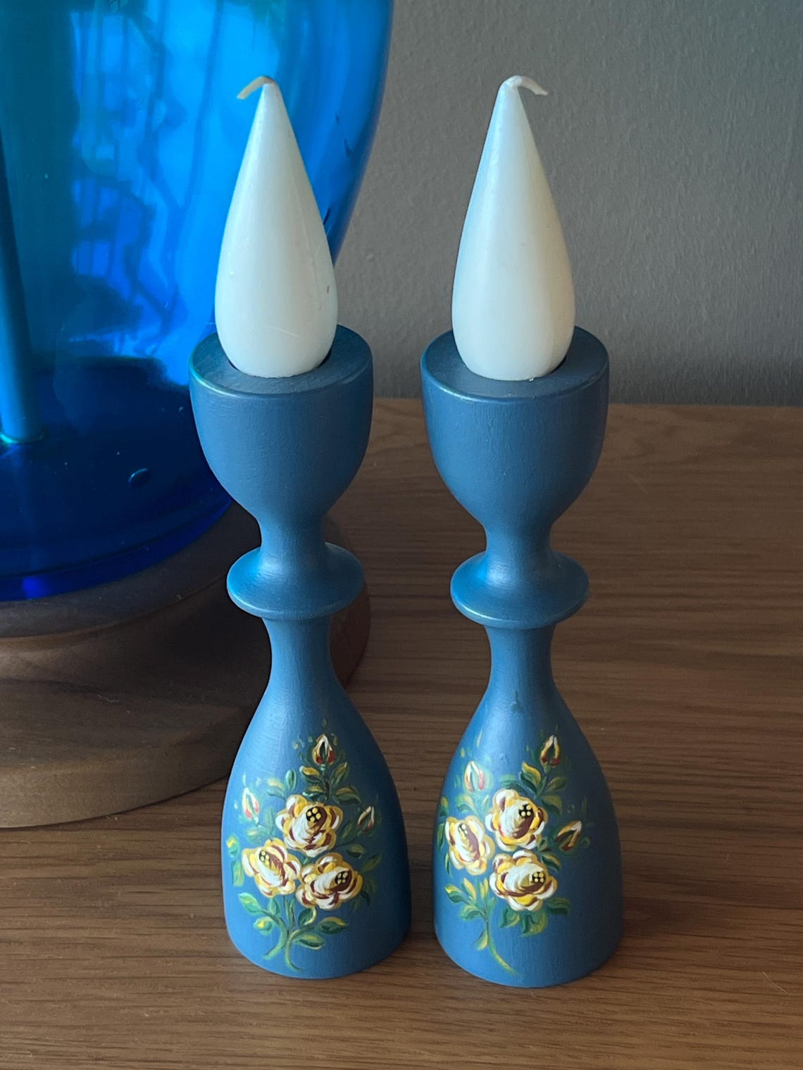 Two Lovely Vintage German Candle Holders. Beautiful Handprinted Dusty ...