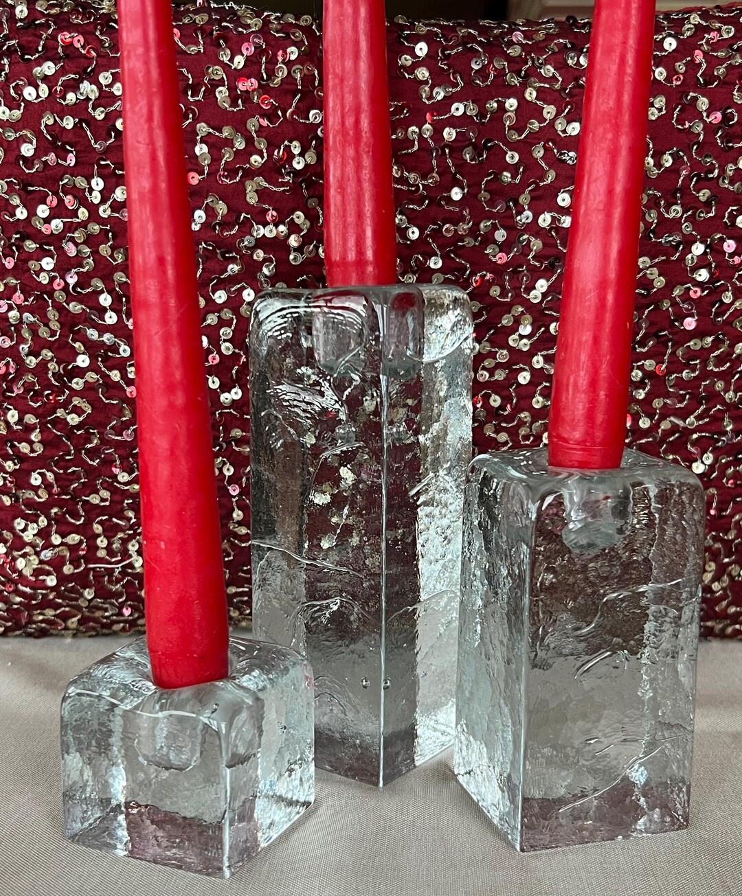 Beautiful Blenko-vintage Clear Glass Ice Pillar Candle Holders in Three ...