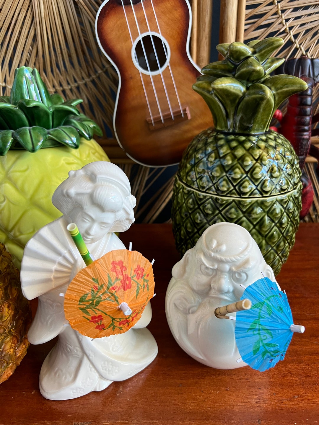 Two Fun Collectible of Tiki Time Mugs. Geisha Girl With Fans and Buddha ...