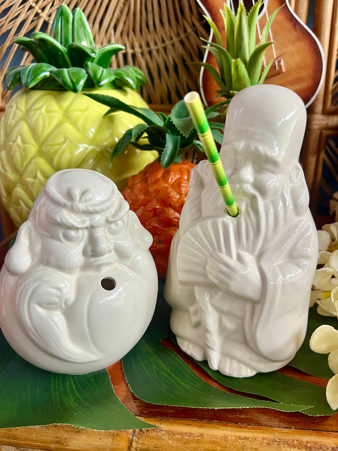 Two Fun Collectible of Tiki Time Mugs. Old Man With Fan and Mean Faced ...