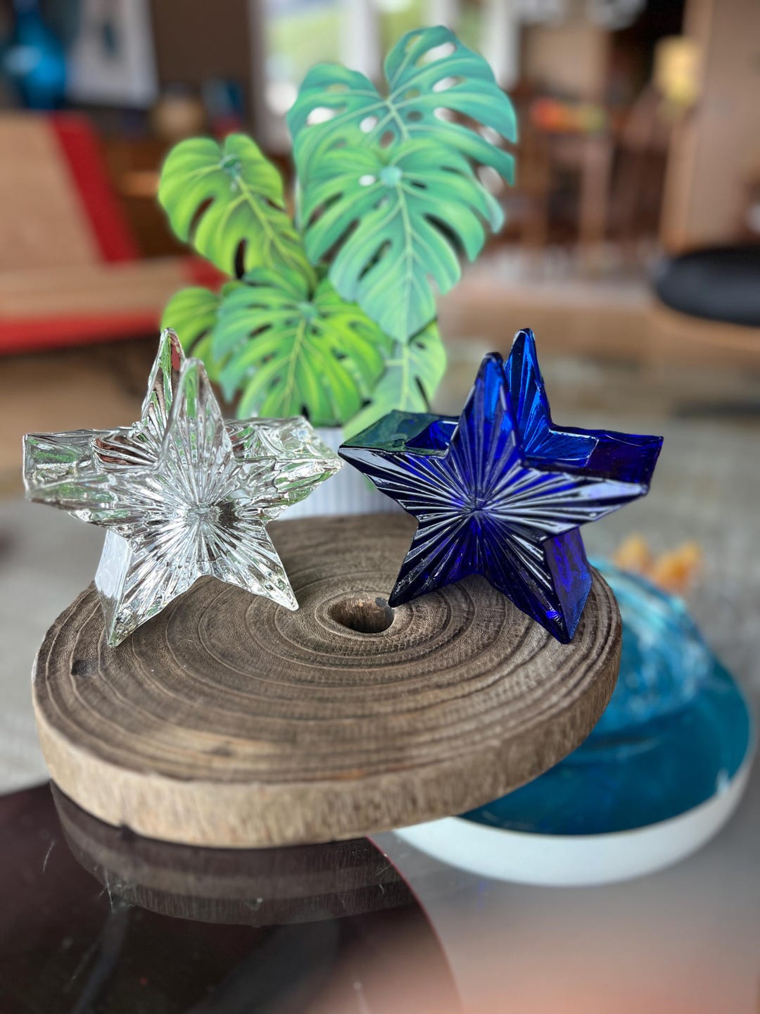 Two Textured Large Star Candle Holders-clear and One Deep Blue. Metal ...
