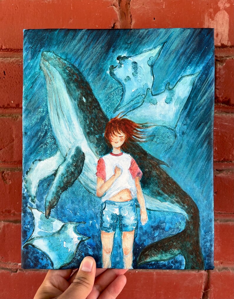 Whimsical Ocean Life Acrylic Painting – Whale, Rays, Girl (8x10) - Etsy