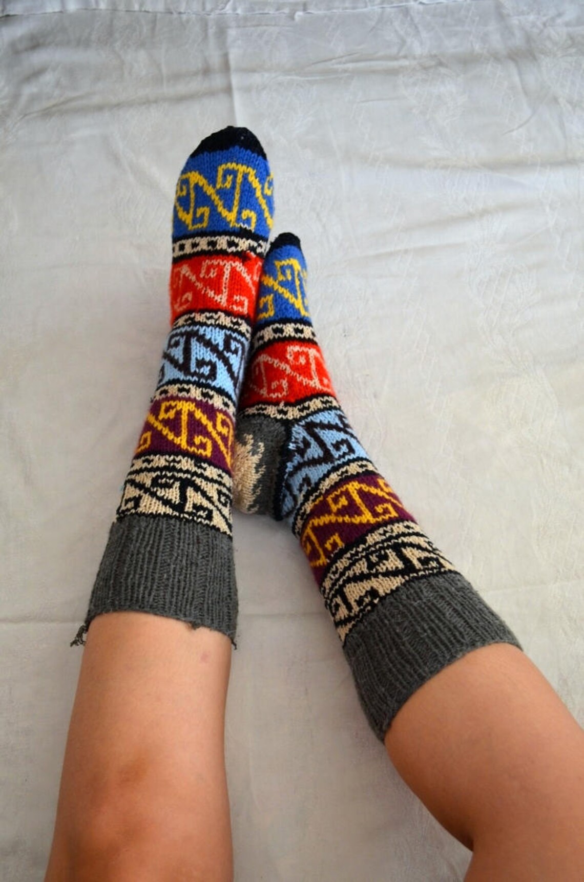 Colorful Knee High Knit Women Winter Socks, Unisex Authantic Boho Socks ...
