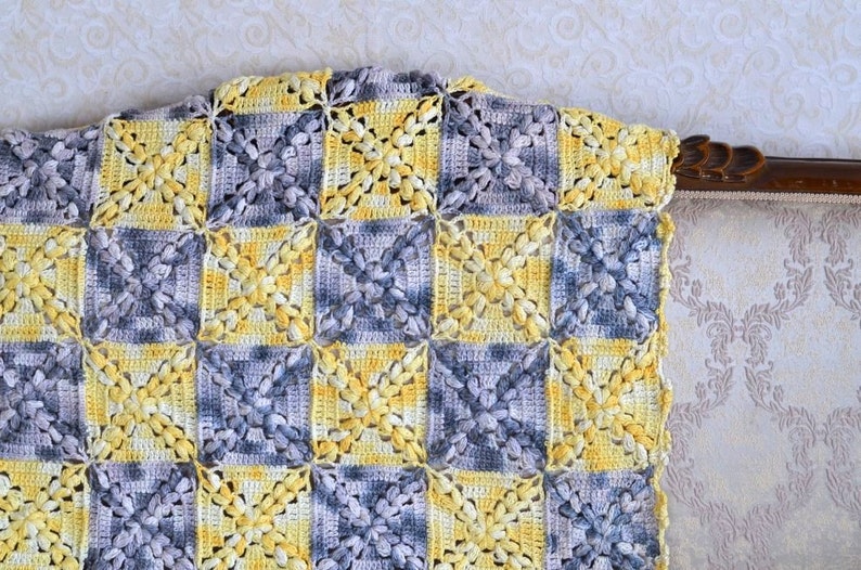 Granny square Afghan blanket yellow Grey crochet rug crochet | Etsy