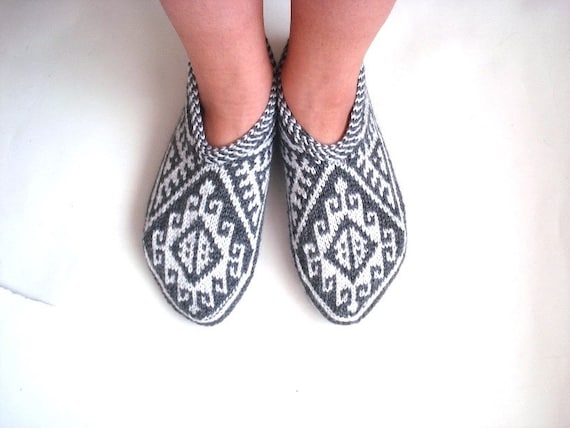 White Grey Turkish Knitted Geometric Socks Knit Woman | Etsy