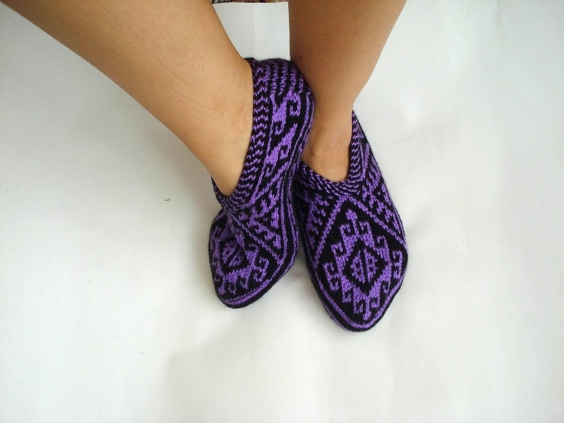 Ultra violet knit slippers Purple black Traditional Turkish | Etsy