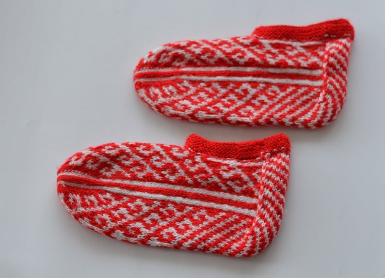 Red White Hand Knit Women Winter Socks, Crochet Womens Slippers, Knit ...