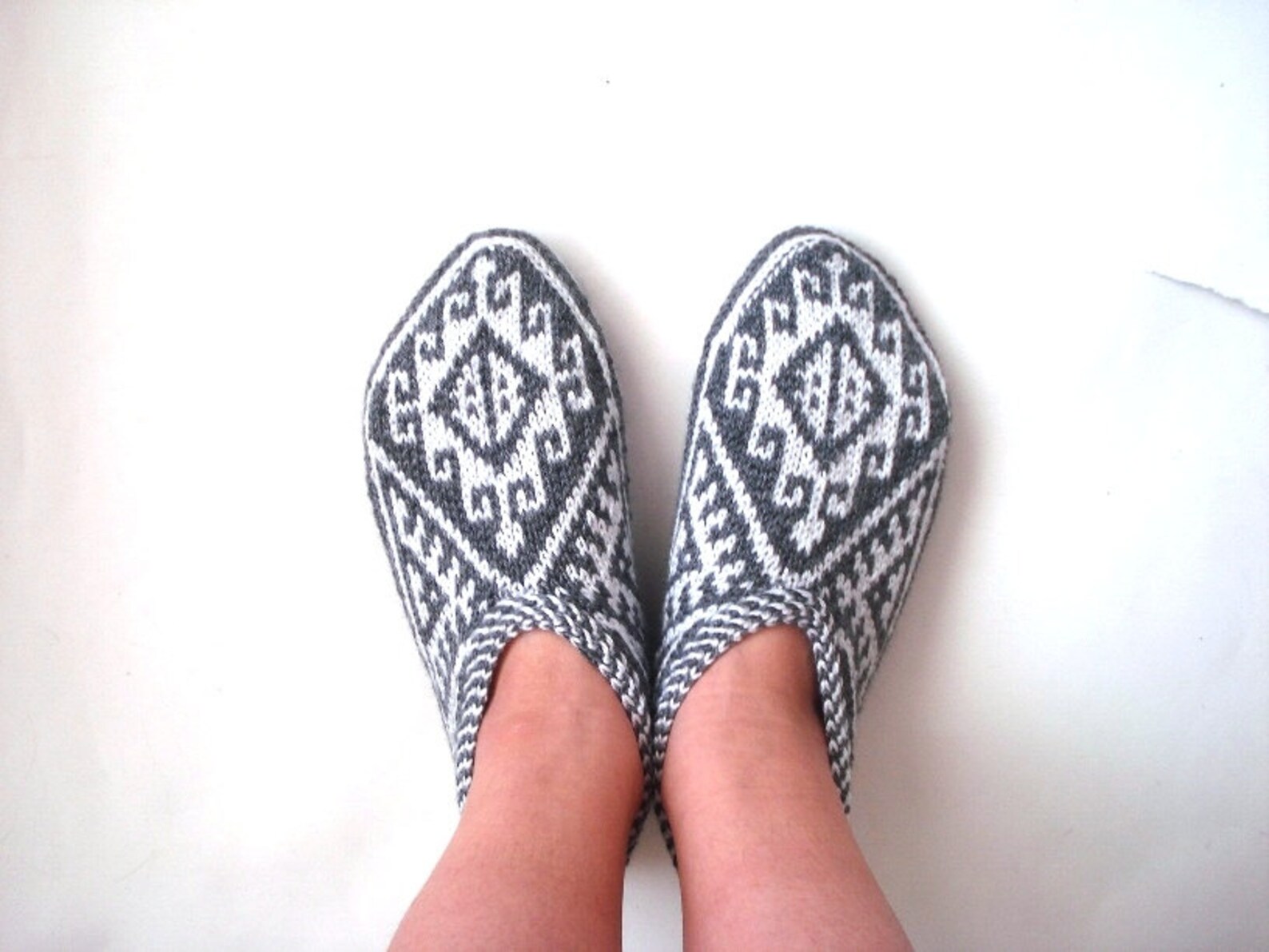 White Grey Turkish Knitted Geometric Socks Knit Woman | Etsy