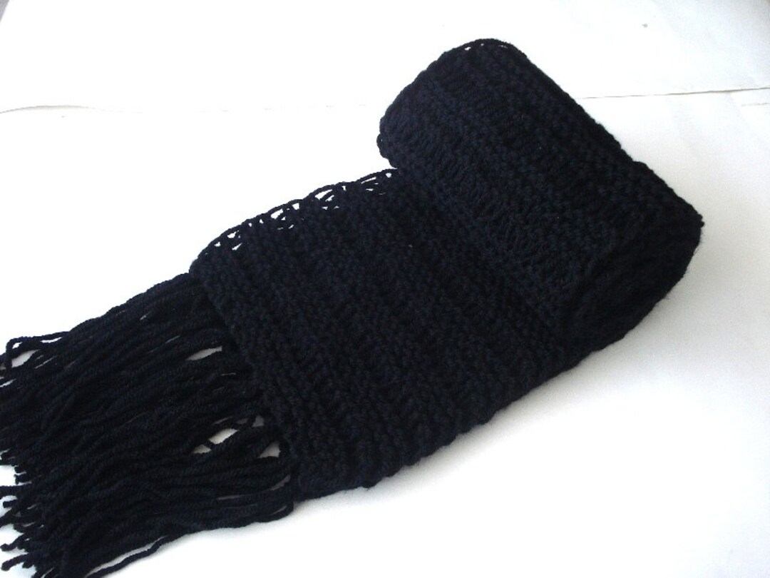 Hand Knit Black Extra Long Mens Scarf With Fringe, Warm Thick Winter ...