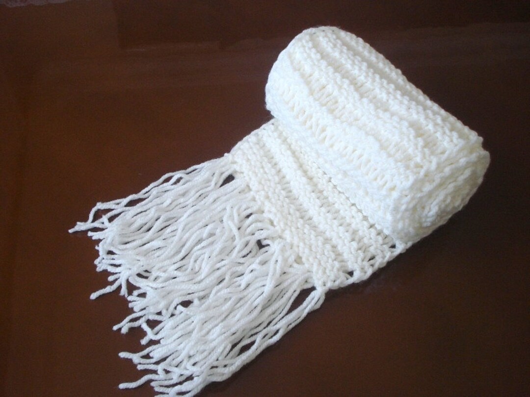 White Hand Knit Thick Fringe Long Scarf, Womens Scarf, Fashion Warm ...