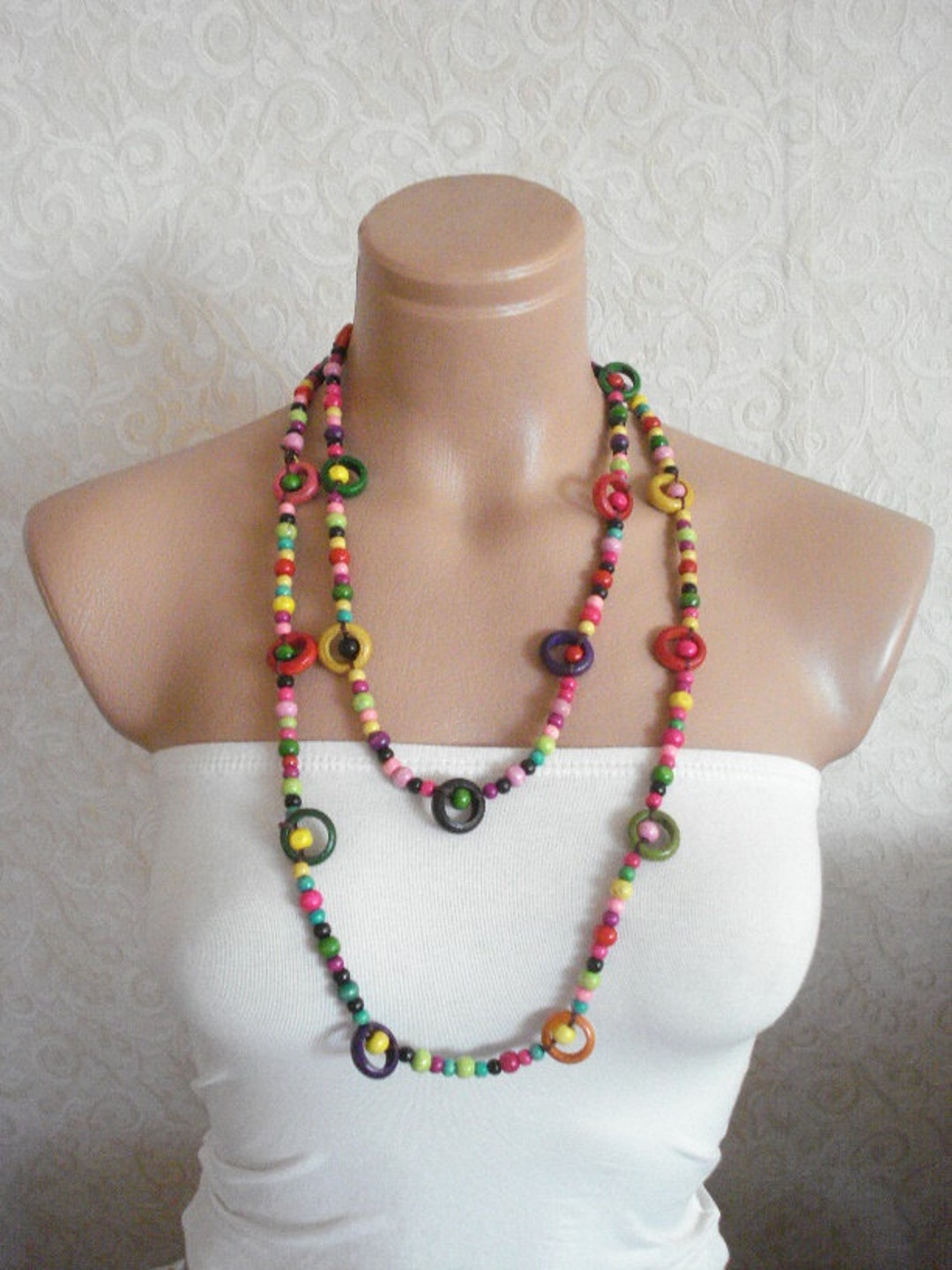 Wooden Colorful Beaded Girls Long Necklace, Rainbow Boho Party Favors ...