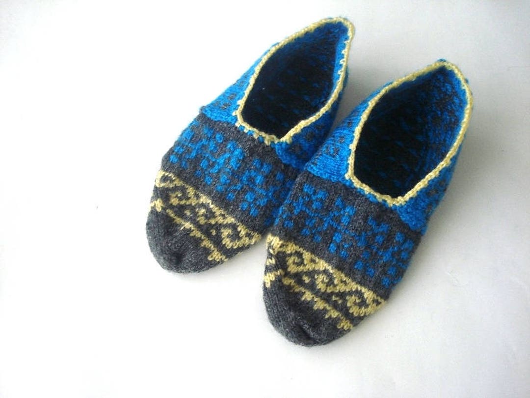 Grandmother Hand Knit Women Winter Slippers, Gray Blue Yellow Hand ...
