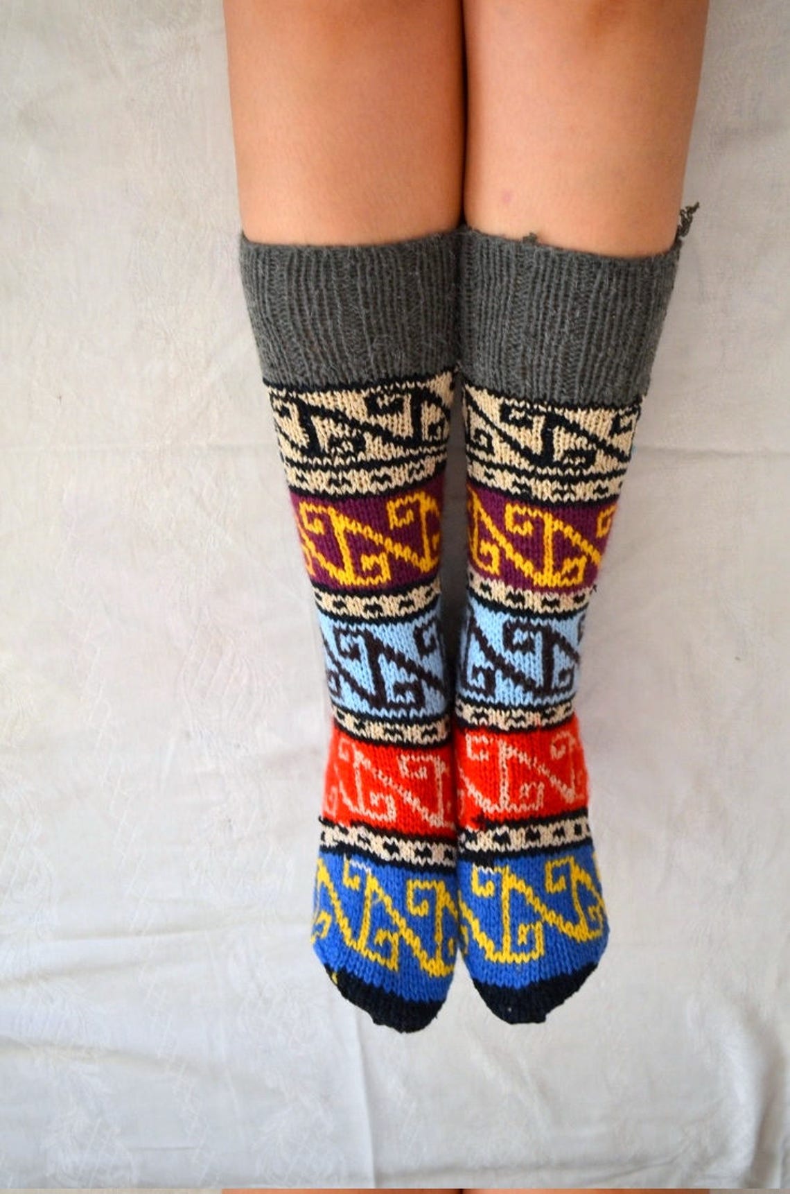 Colorful Knee High Knit Women Winter Socks Unisex Authantic | Etsy