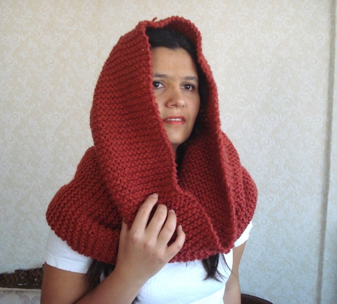 Hand Knit Burnt Orange Chunky Infinity Scarf, Hooded Snood - Etsy