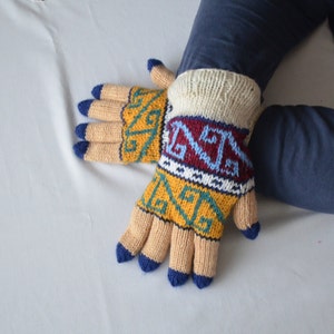 Knit Beige Maroon Mustard Geometric Women Winter Gloves, Knit Winter ...