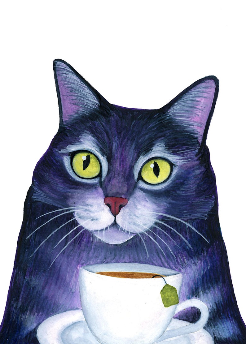 Watercolor Cat Painting Whimsical Animal Art Print Funny | Etsy