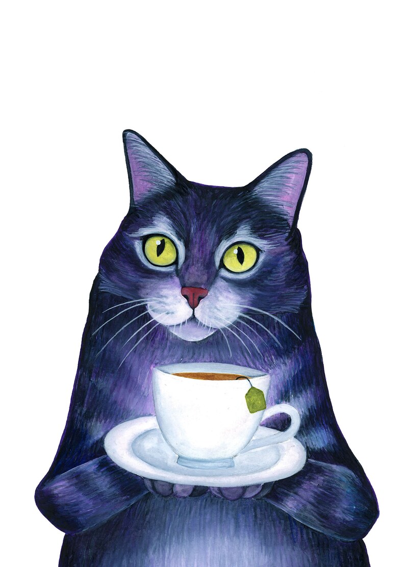 Watercolor Cat Painting Whimsical Animal Art Print Funny | Etsy