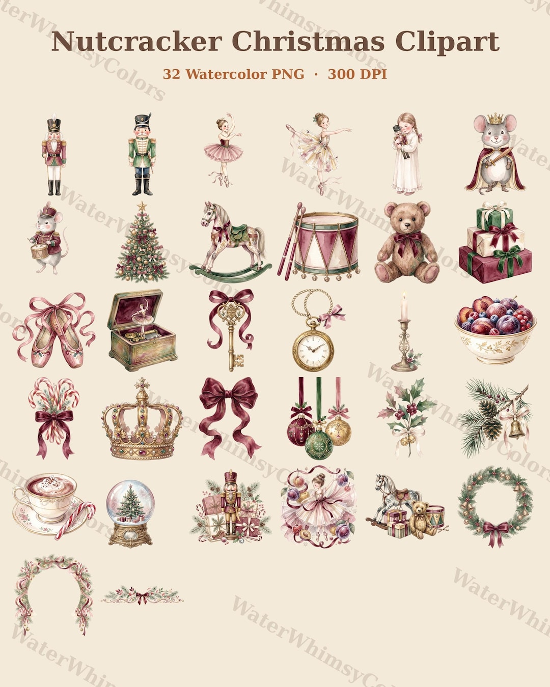 Nutcracker Clipart Bundle, 32 Watercolor Christmas Ballet PNG, Instant ...