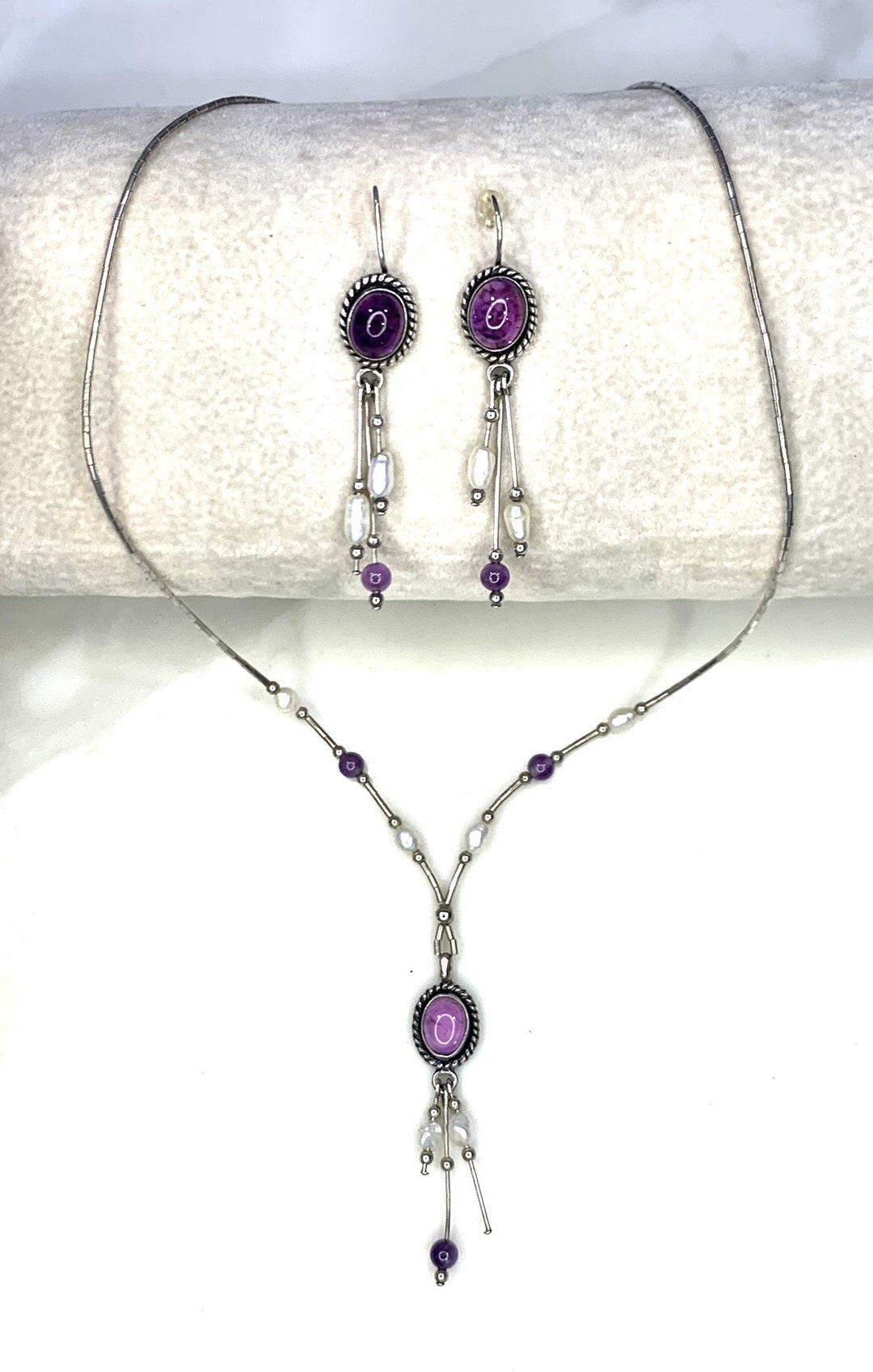 Vintage Sterling Silver, Amethyst and Pearl Necklace and Earring Set - Etsy