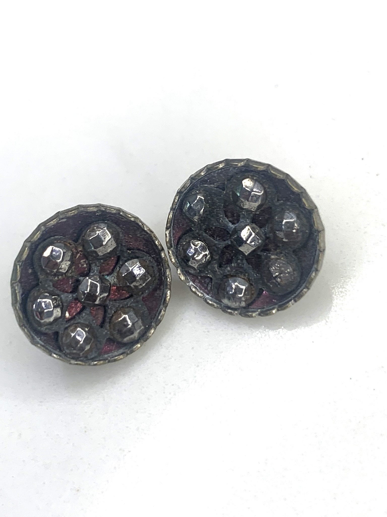 19th Century Antique Cut Steel Buttons With Red Background. Set of 2 ...