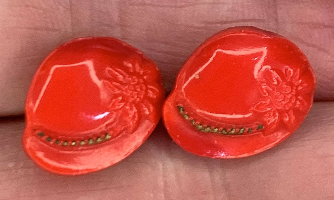 Antique/vintage Red Glass Buttons, Shaped as Hats With Band and Flowers ...